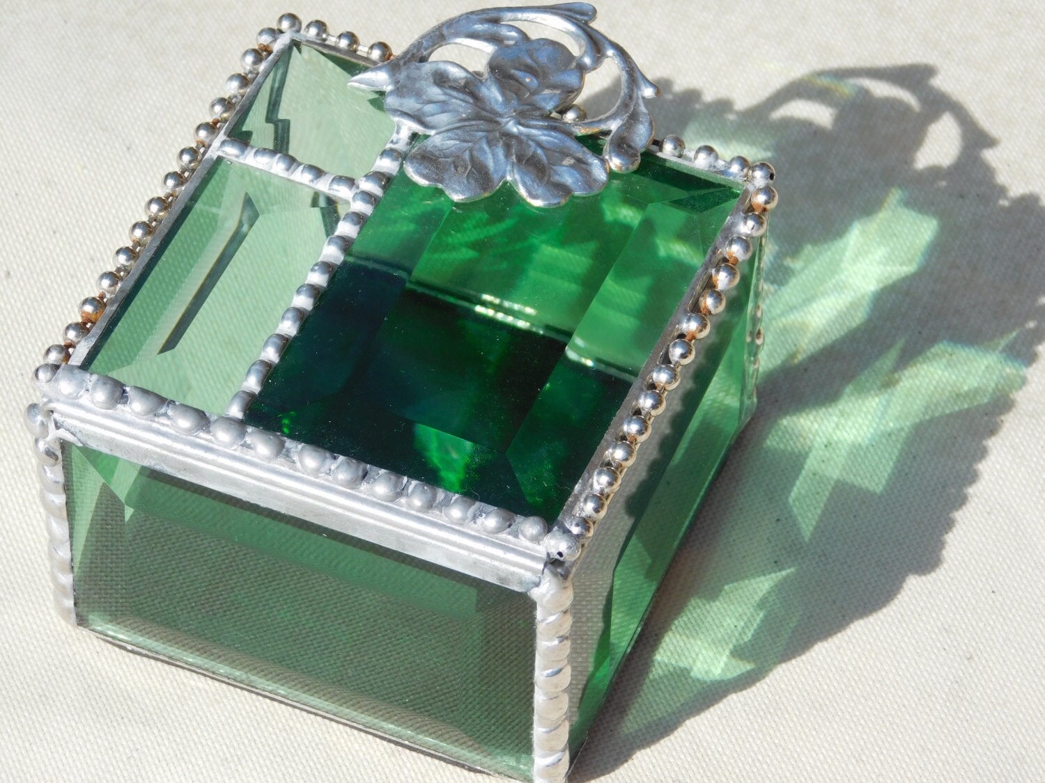 Stunning Stained Glass Green Beveled /hand Beaded Jewelry Box, Shamrock ...