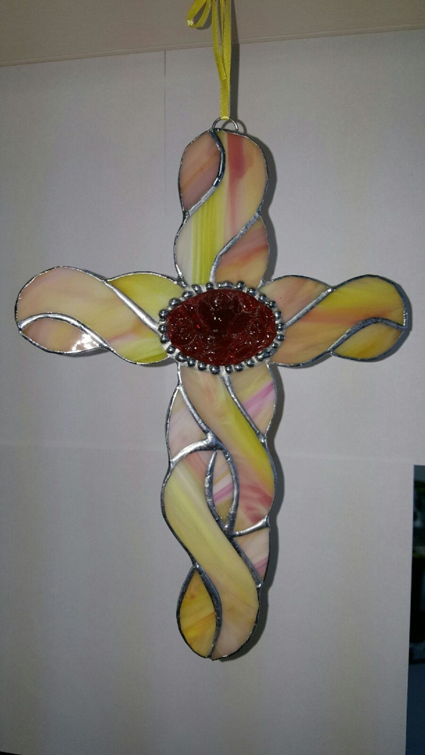 Stained Glass Cross 8 L X 7 W, Unique Center Rose Jewel, Perfect Spring ...