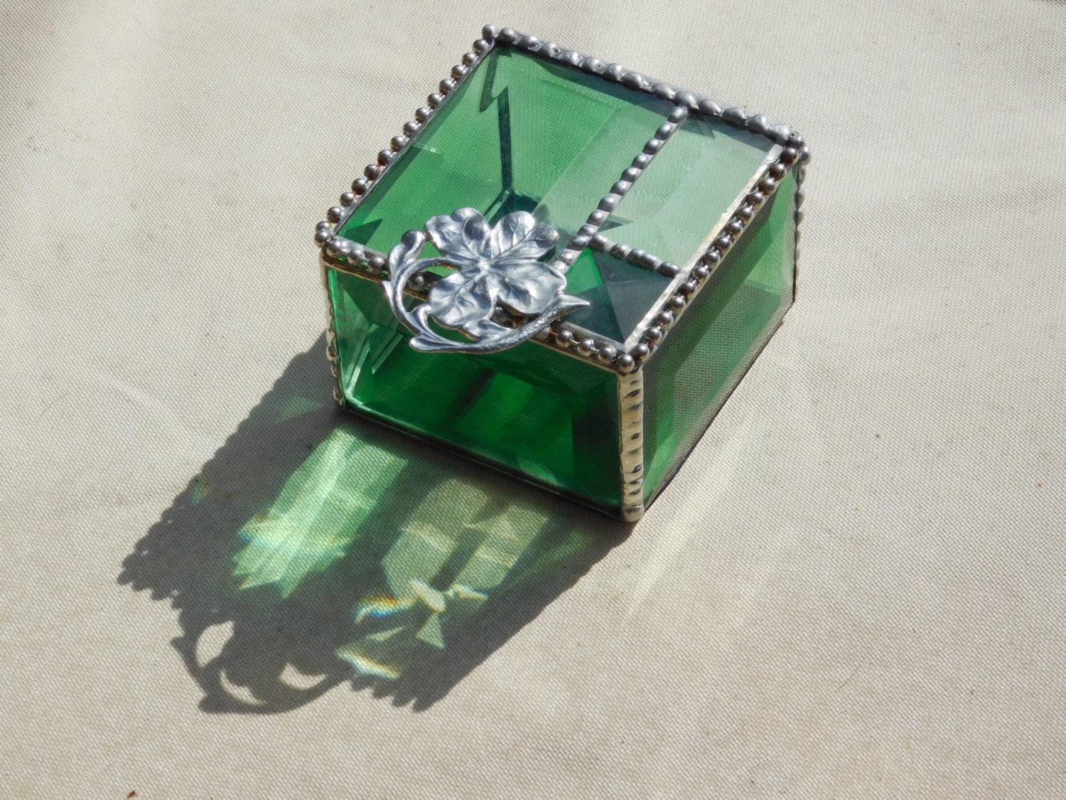 Stunning Stained Glass Green Beveled /hand Beaded Jewelry Box, Shamrock ...