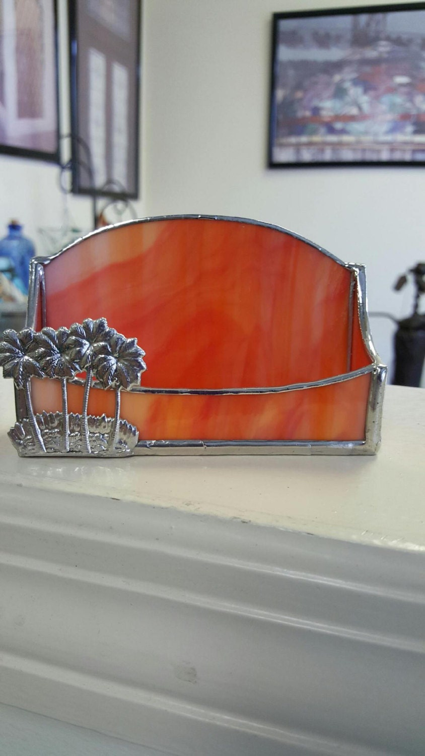 Stained Glass Sunburst Orange Business Card Holder, Real Stained Glass ...