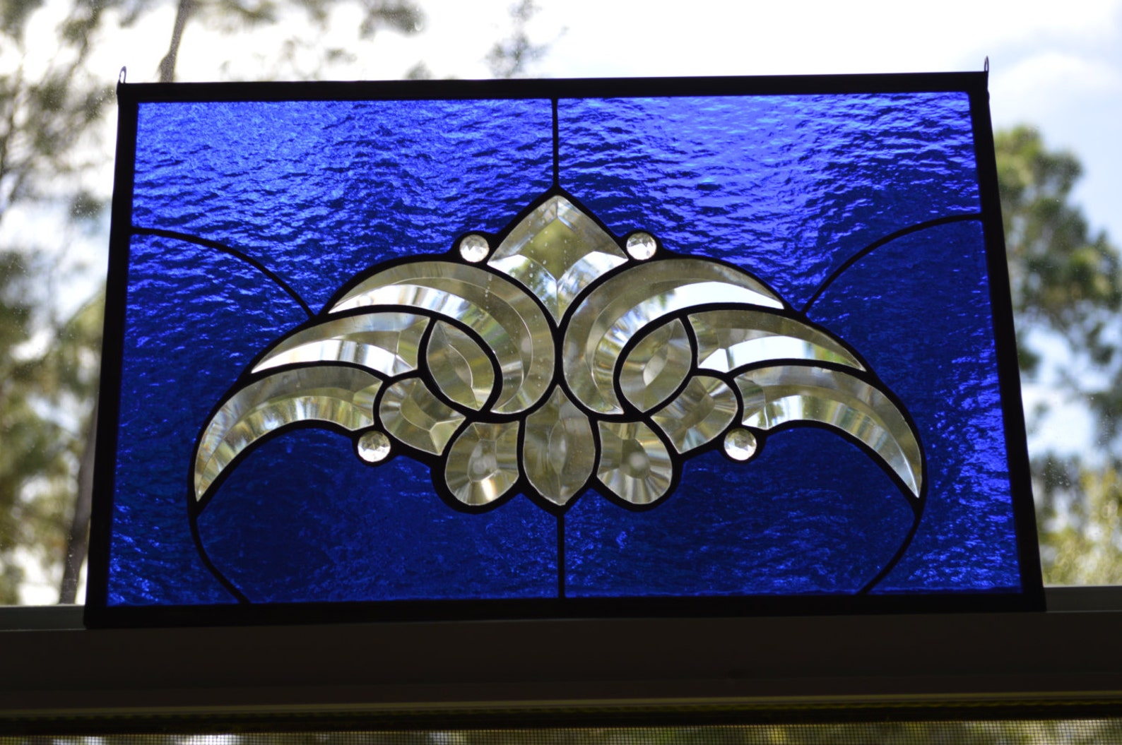 Stunning Cobalt Stained Glass Panel, Jewels and Beveled Cluster, Metal ...