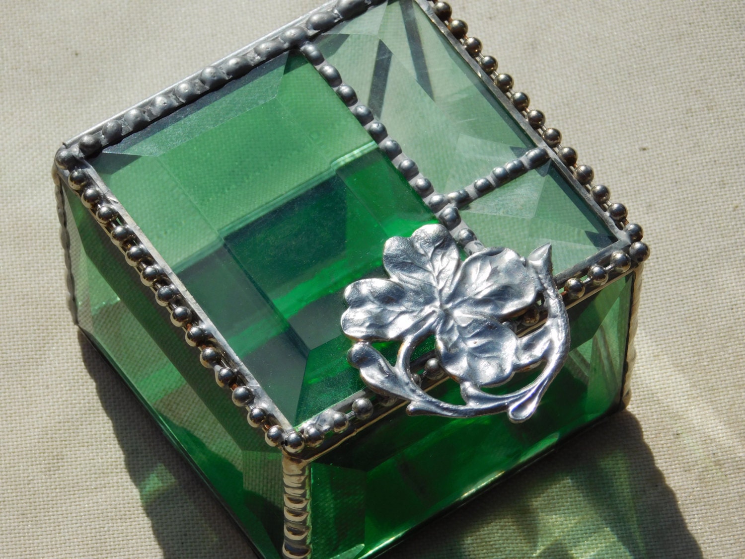 Stunning Stained Glass Green Beveled /hand Beaded Jewelry Box, Shamrock ...