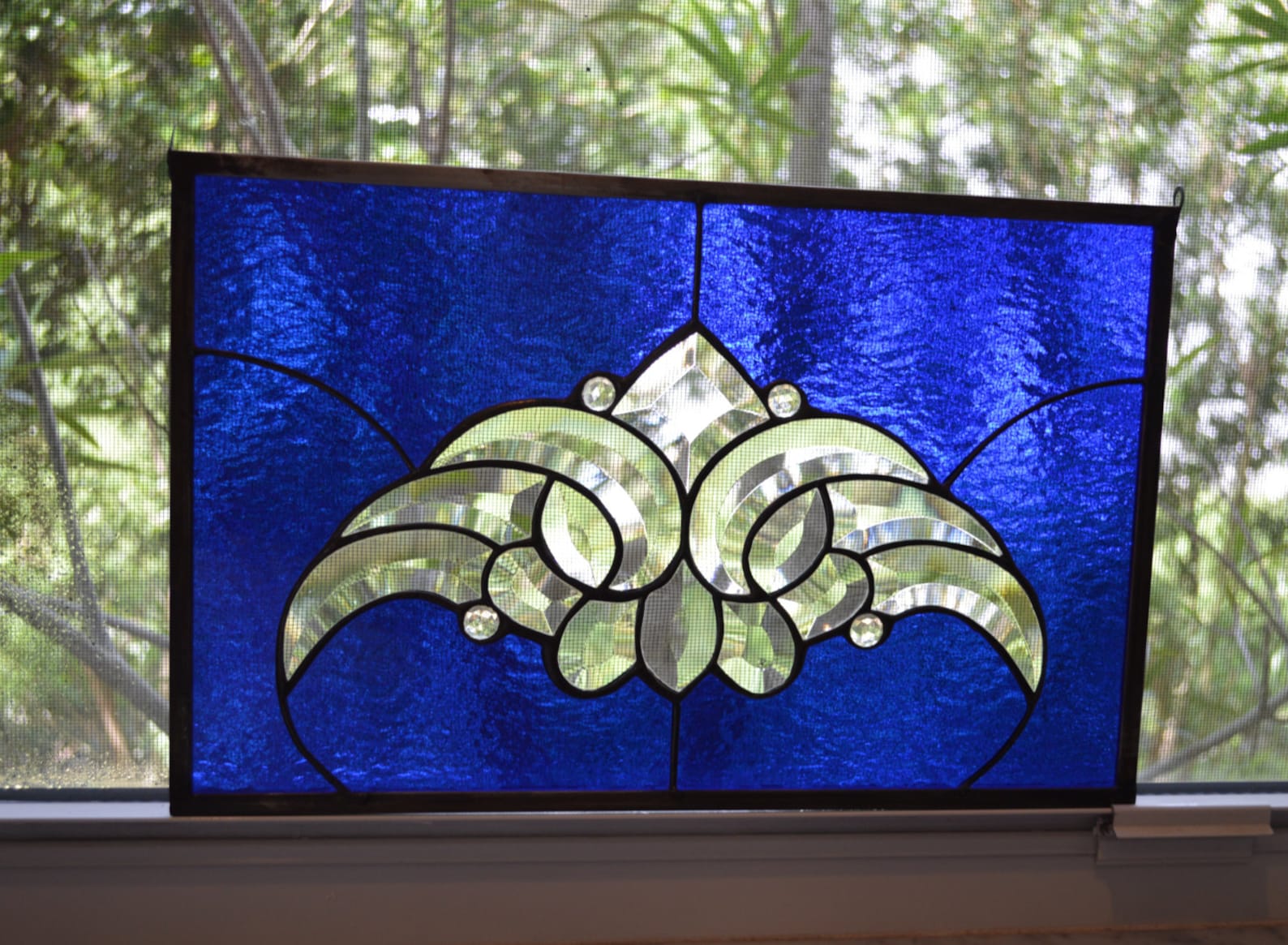 Stunning Cobalt Stained Glass Panel, Jewels and Beveled Cluster, Metal ...