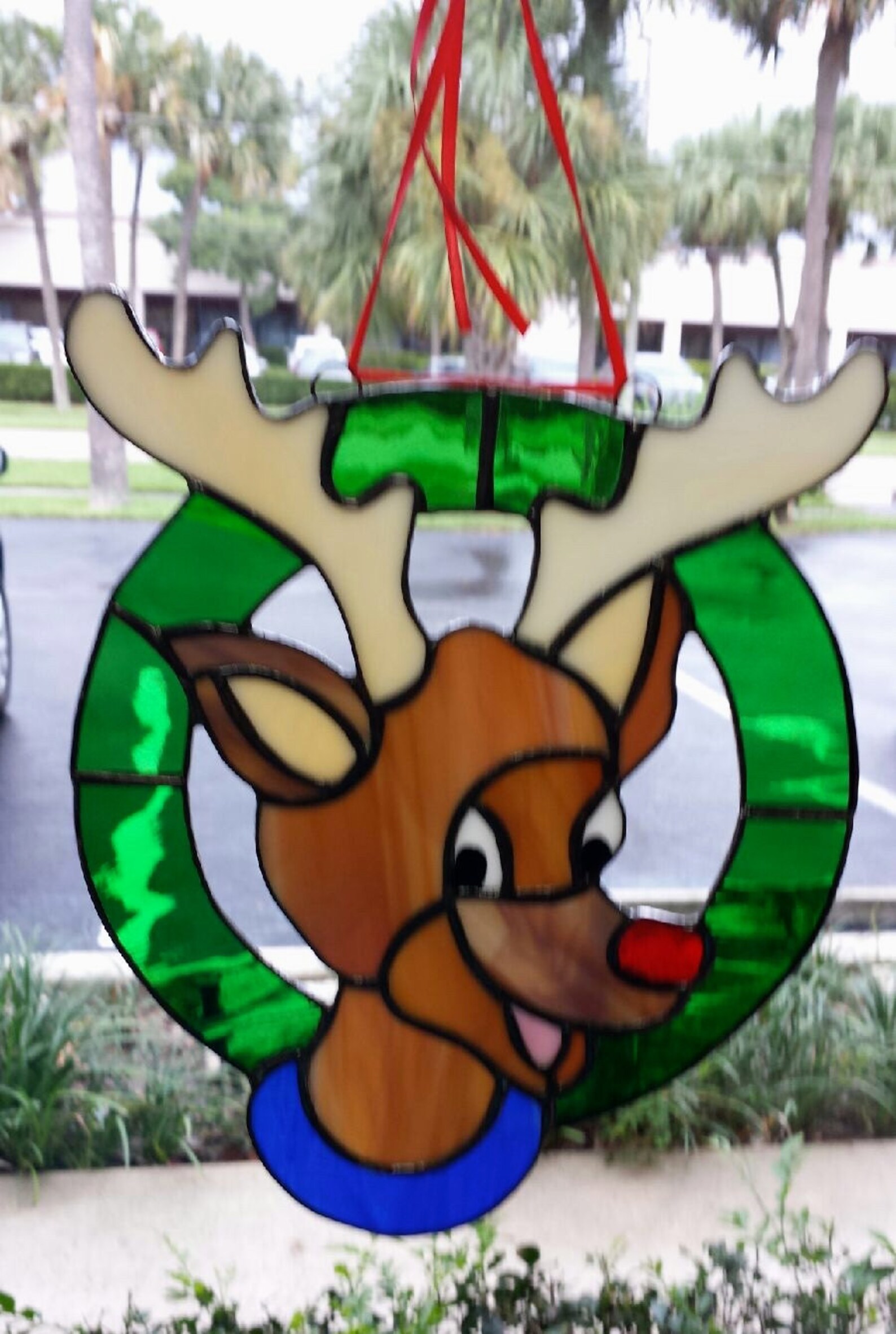 Awesome Rudolph Real Stained Glass Suncatcher, Very Merry Holiday ...