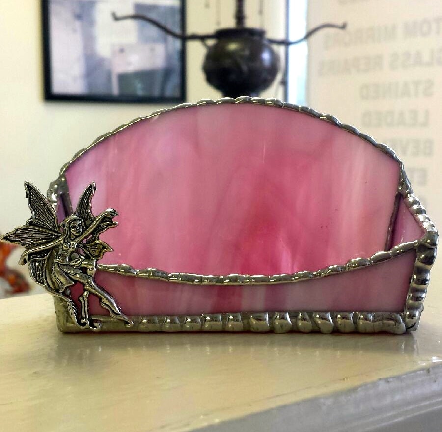 Spring Pink Business Card Holder, Real Stained Glass, Decorative Hand ...