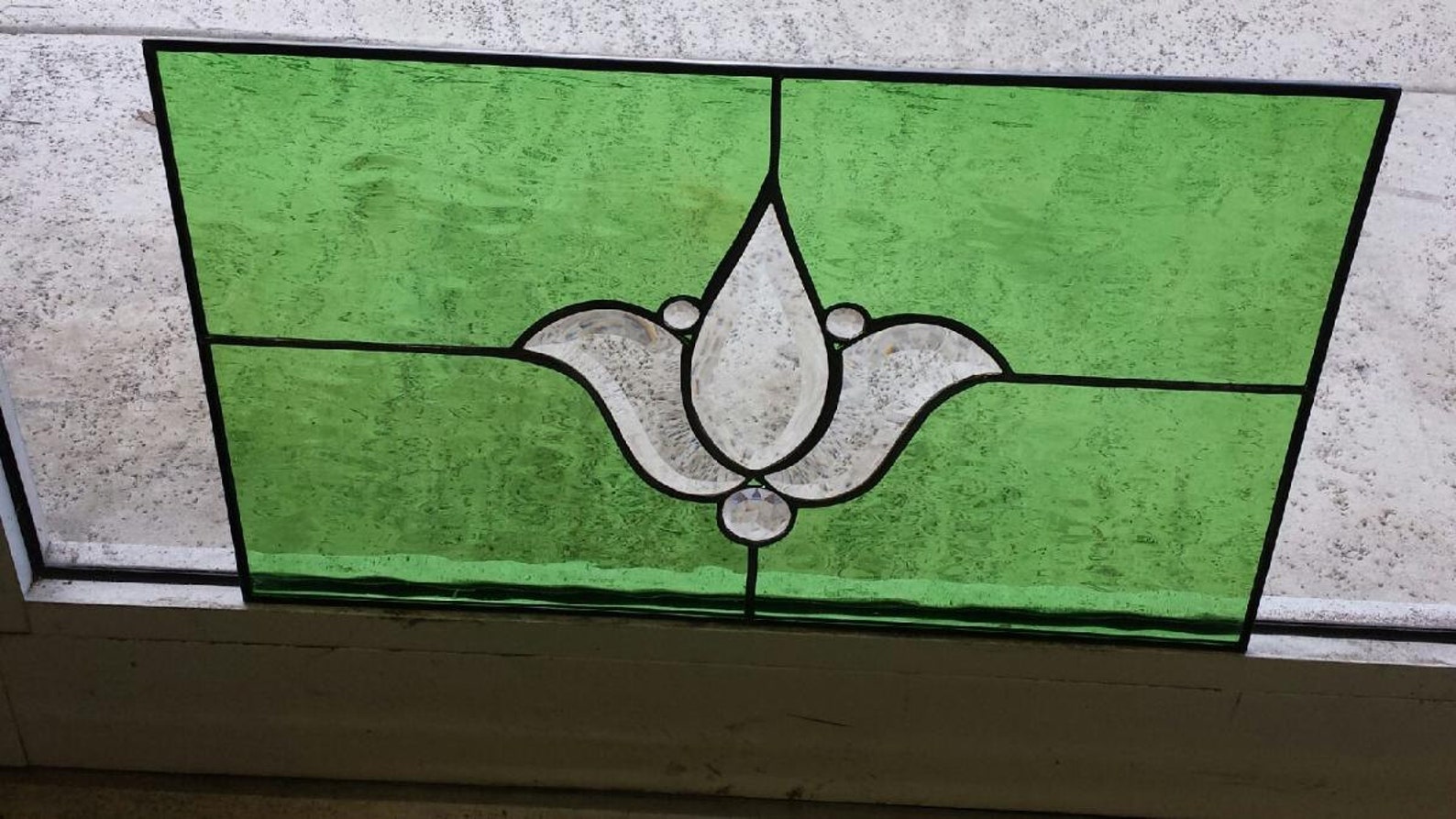 Stunning Emerald Stained Glass Panel, Jewels and Beveled Cluster, Metal ...