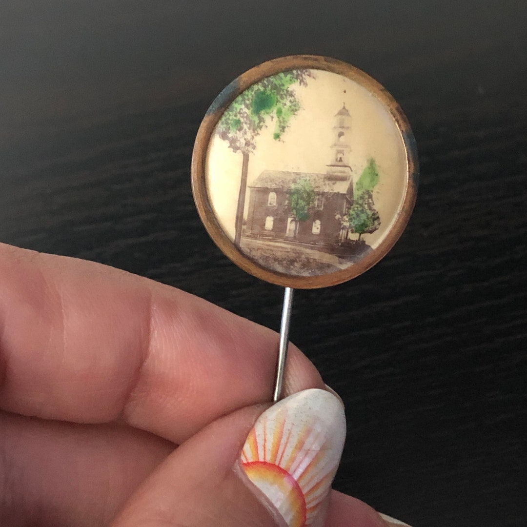 Victorian Photo Stick Pin - Church With Steeple - Brass Circle - Sepia ...