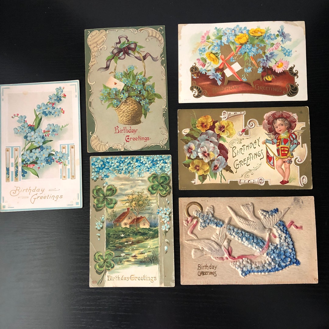 Blue Themed Antique Birthday Postcard Set Postmarked 1911 Pansies ...