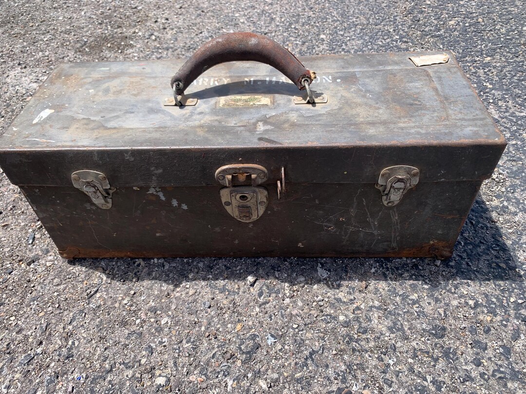 Vintage Union Utility Chest Tool Box Steel Leather Handle USA 19” X 6 ...