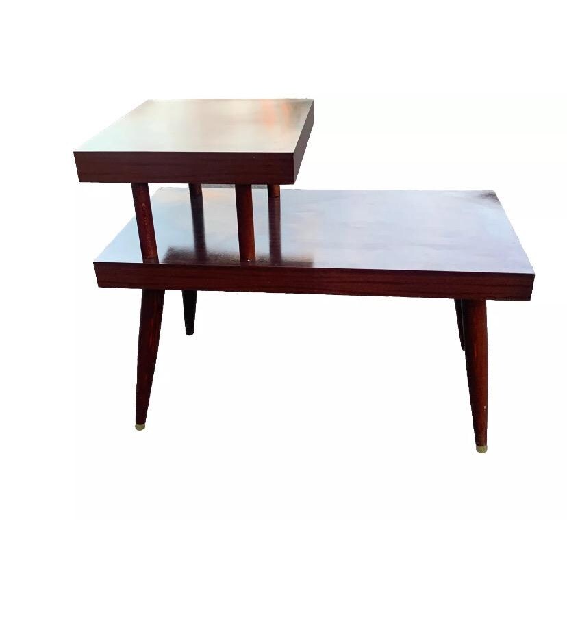 Vintage MCM Two Tier Side Table Black Gold and Gray Woodgrain Formica ...