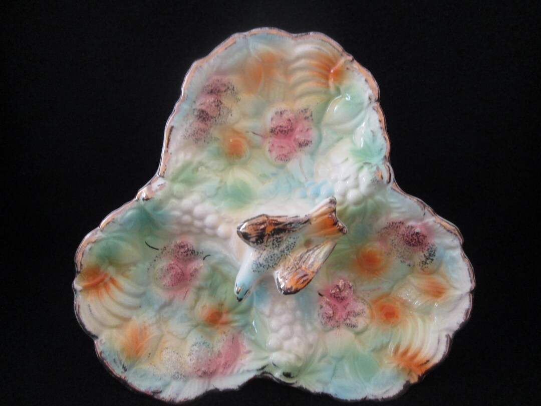 Vintage Betson Japan Divided Dish With Bird Figurine Hand Painted Gold ...