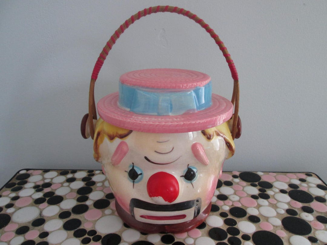 Vintage Japan Circus Clown Biscuit Jar Cookie Jar Wrapped Bamboo Handle ...