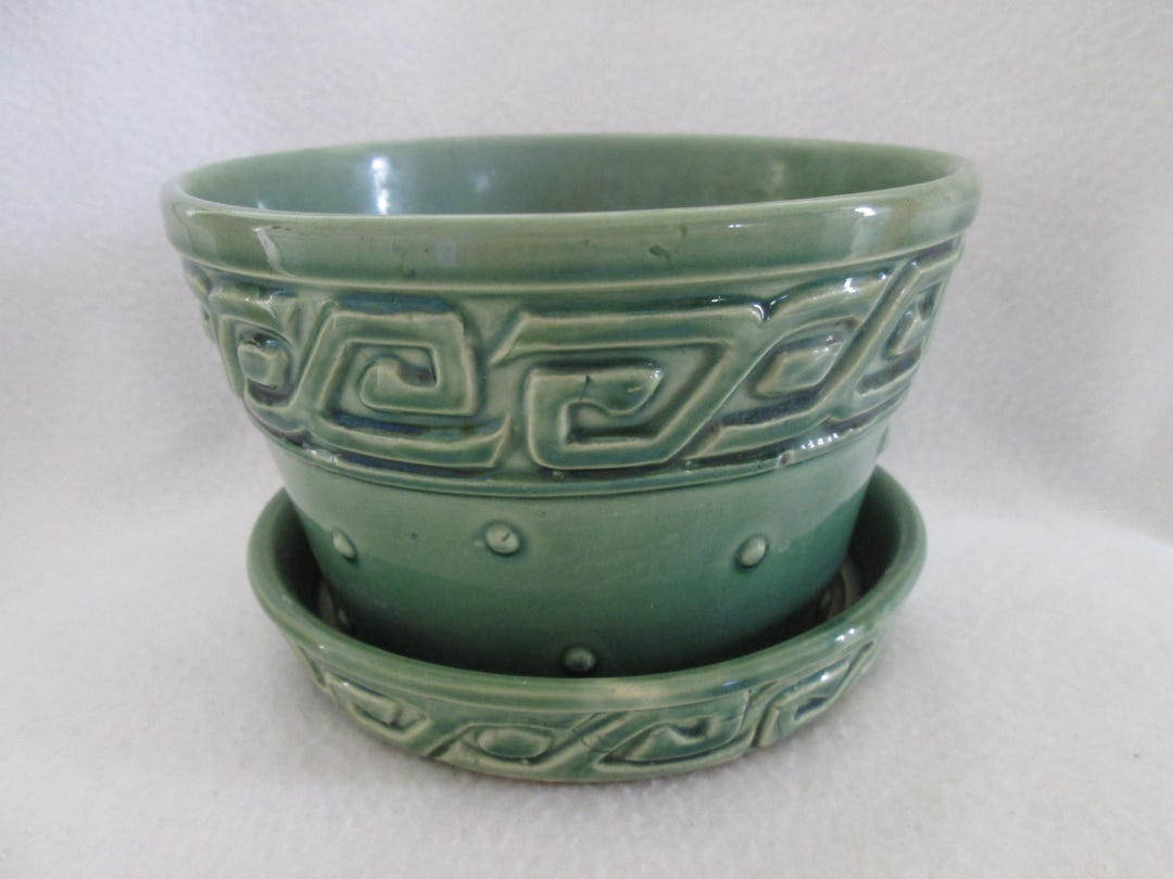 Vintage Mccoy Green Greek Key Pottery Planter With Attached Saucer ...