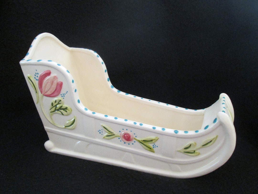 Vintage Ceramic Sleigh Planter: Embossed Floral Decor, Signed E ...