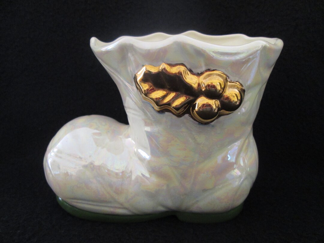 Vintage Santa Boot Vase: Opalescent Christmas Decor With Gold Holly - Etsy