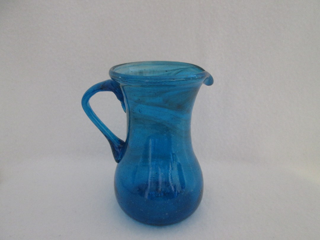 Vintage Blue Art Glass Pitcher Hand Blown Blue With Browns - Etsy