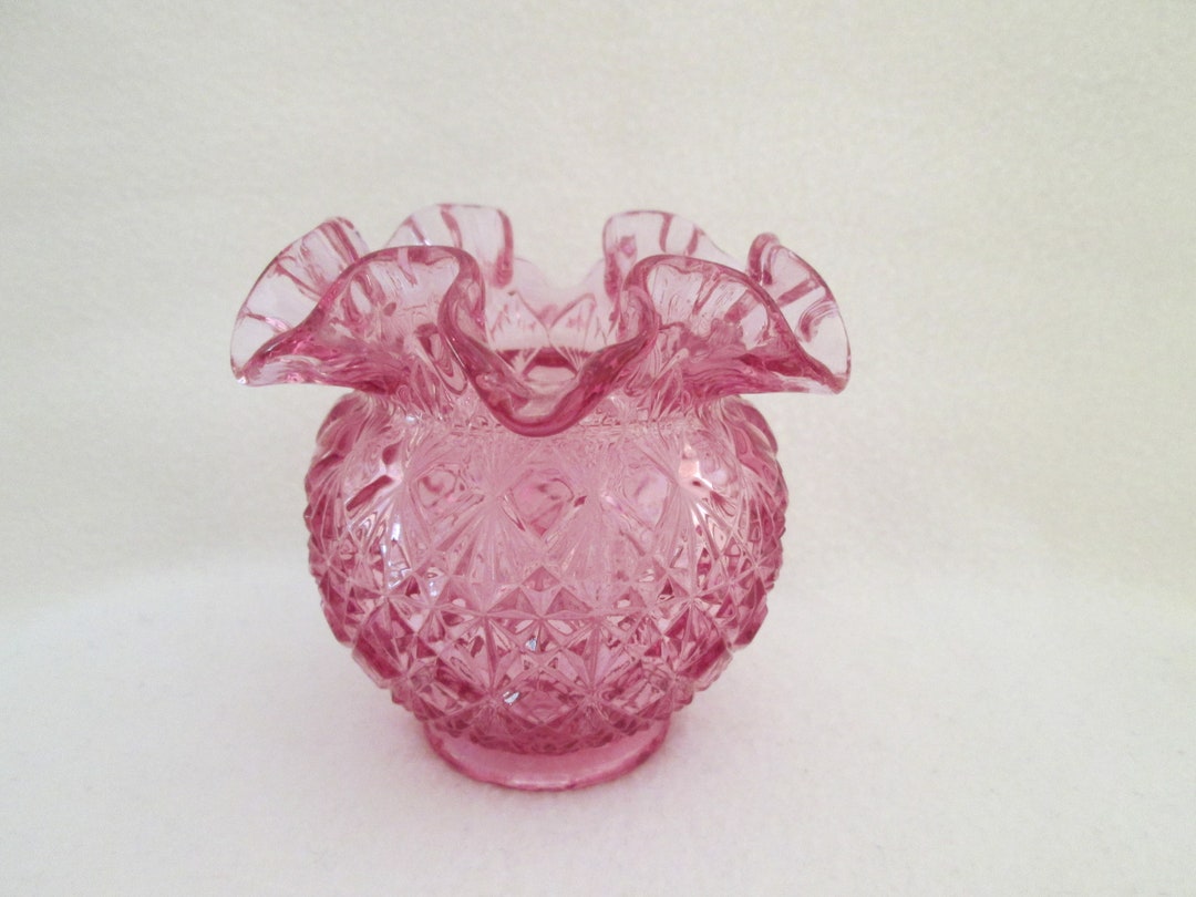 Vintage Fenton Rose Pink Fine Line and Cut Rose Bowl Vase Ruffled Edge ...