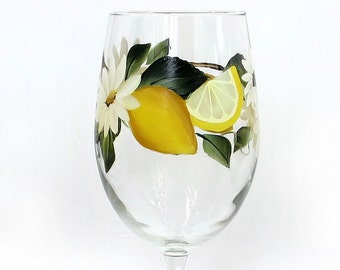 Hand Painted Lemon Wine Glass Citrus Stemware Lemon Slice | Etsy