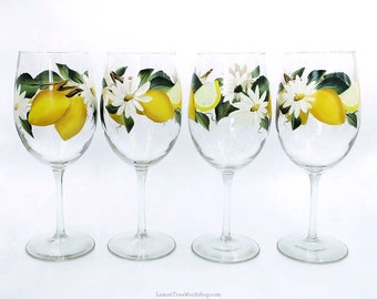 Hand Painted Lemon Wine Glass Citrus Stemware Lemon Slice | Etsy