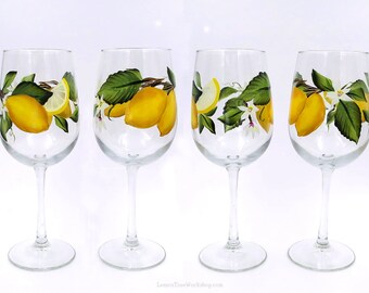 Hand Painted Lemon Wine Glass Citrus Stemware Lemon Slice | Etsy