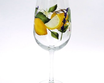 Hand Painted Lemon Wine Glass Citrus Stemware Lemon Slice | Etsy