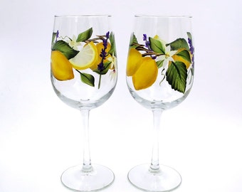 Hand Painted Lemon Wine Glass Citrus Stemware Lemon Slice | Etsy