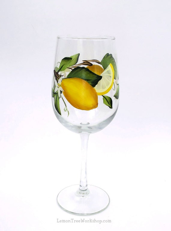 Hand Painted Lemon Wine Glass Citrus Stemware Lemon Slice | Etsy