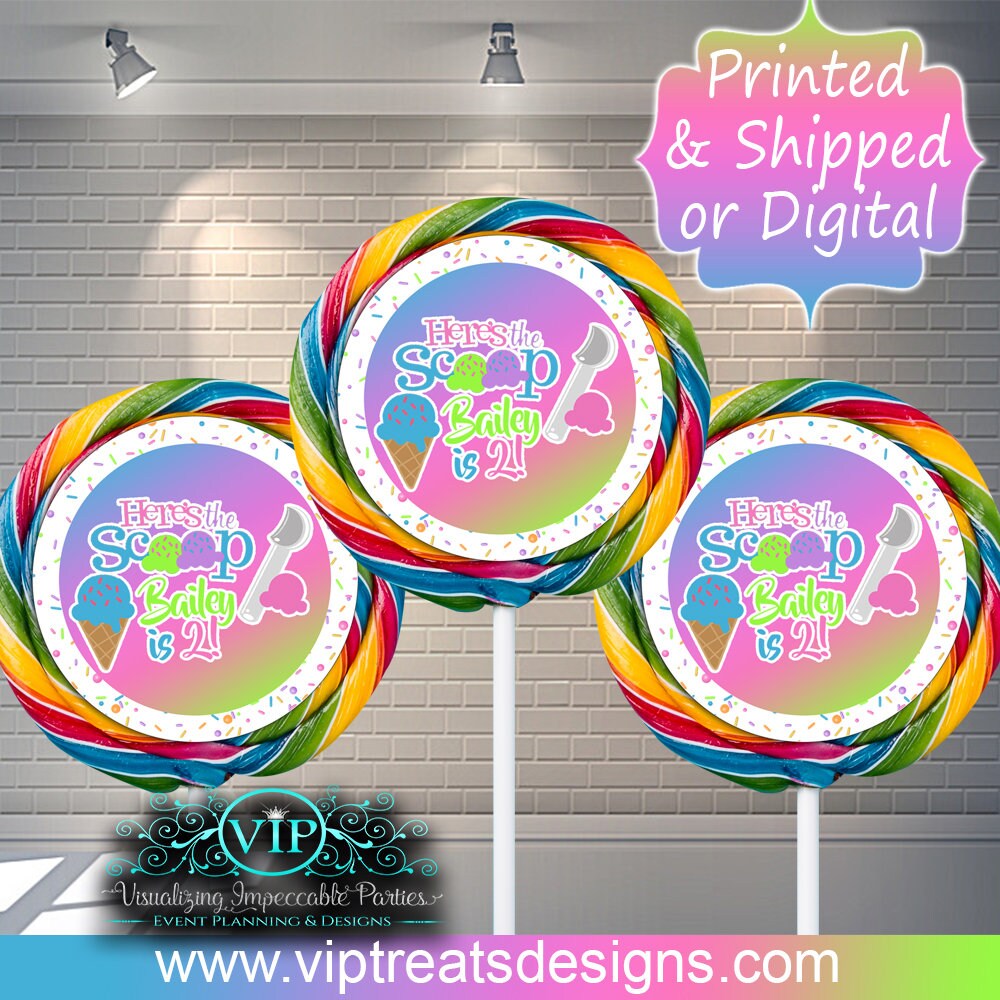 Ice Cream Lollipop Labels Here's the Scoop Custom Swirl Pops Birthday ...