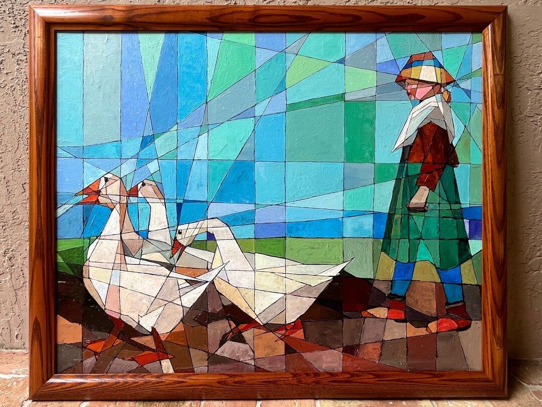 Cubist 28”x 34”hand-painted Acrylic Painting Girl Walking With Geese ...
