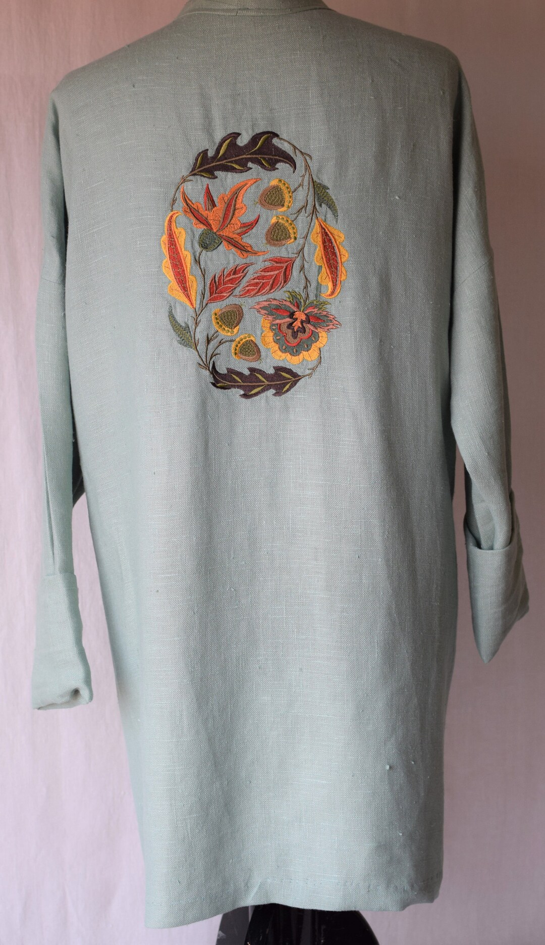 Linen Unstructured Women's Jacket, Embroidered With Jacobean Fall Leaf ...