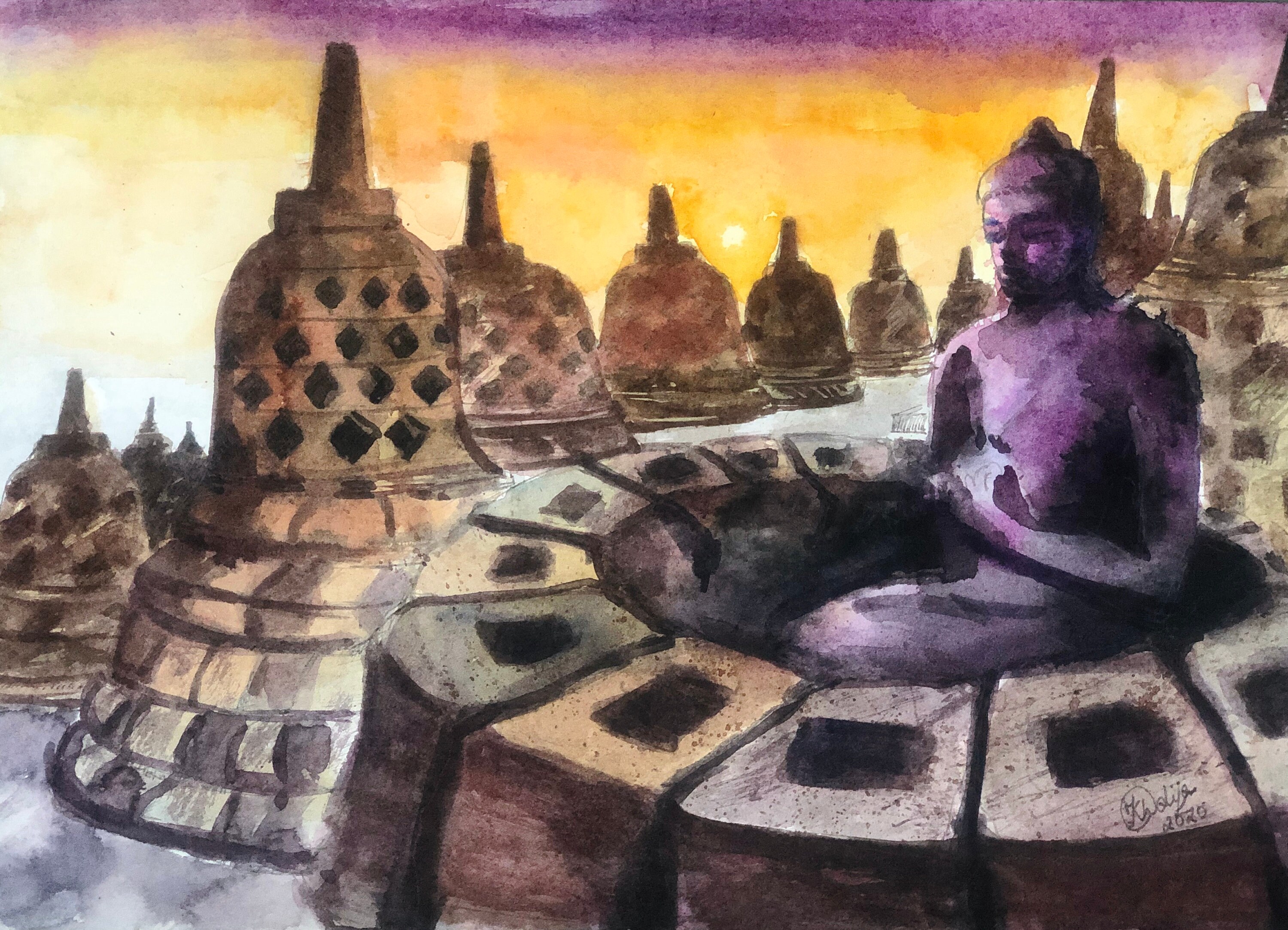 Borobudur Temple, Indonesia, Ink and Watercolour Original Painting ...