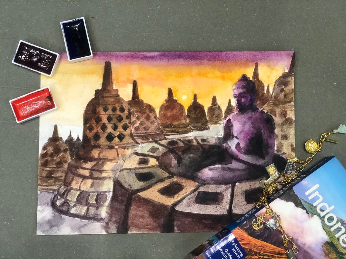 Borobudur Temple, Indonesia, Ink and Watercolour Original Painting ...