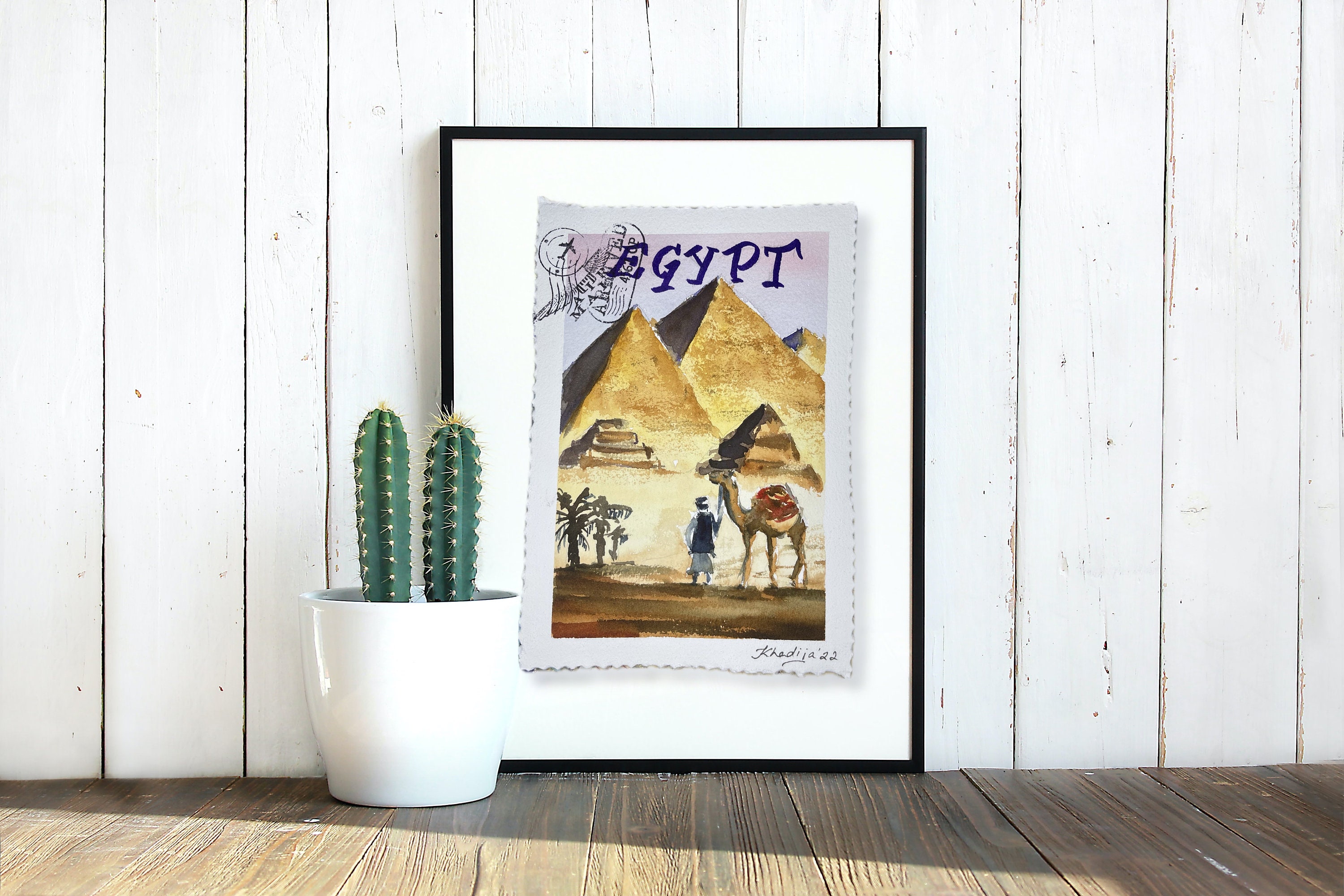 Egypt Pyramids Landscape Painting, Original Watercolor Art, Small ...