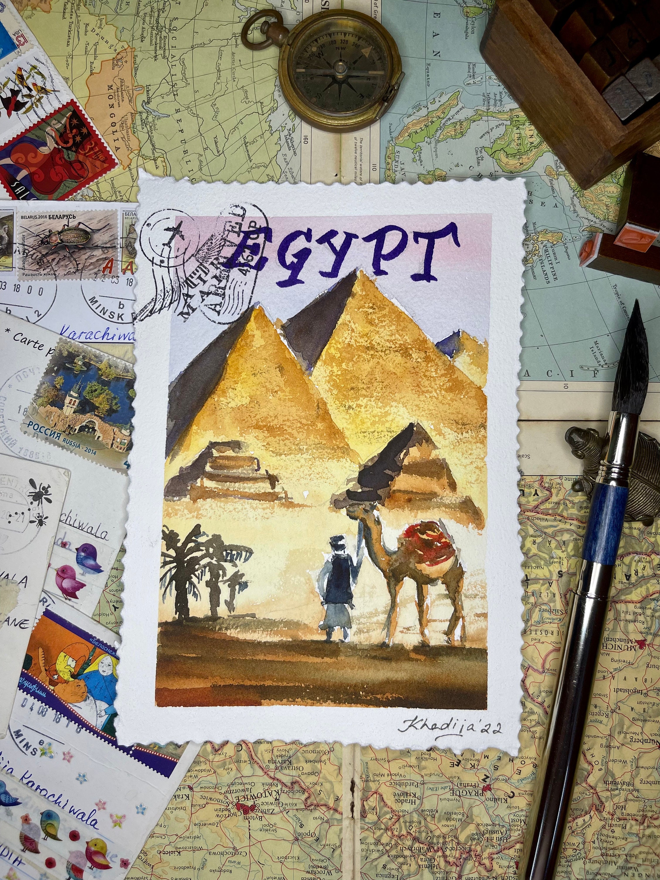 Egypt Pyramids Landscape Painting, Original Watercolor Art, Small ...
