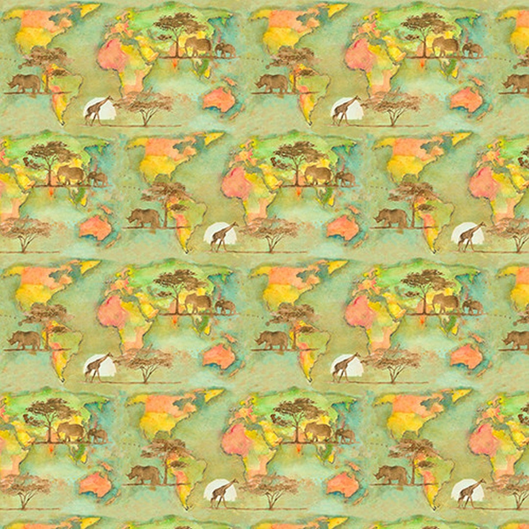 World Map Green Fabric 20178-GRN by John Keeling From Studio E by the ...