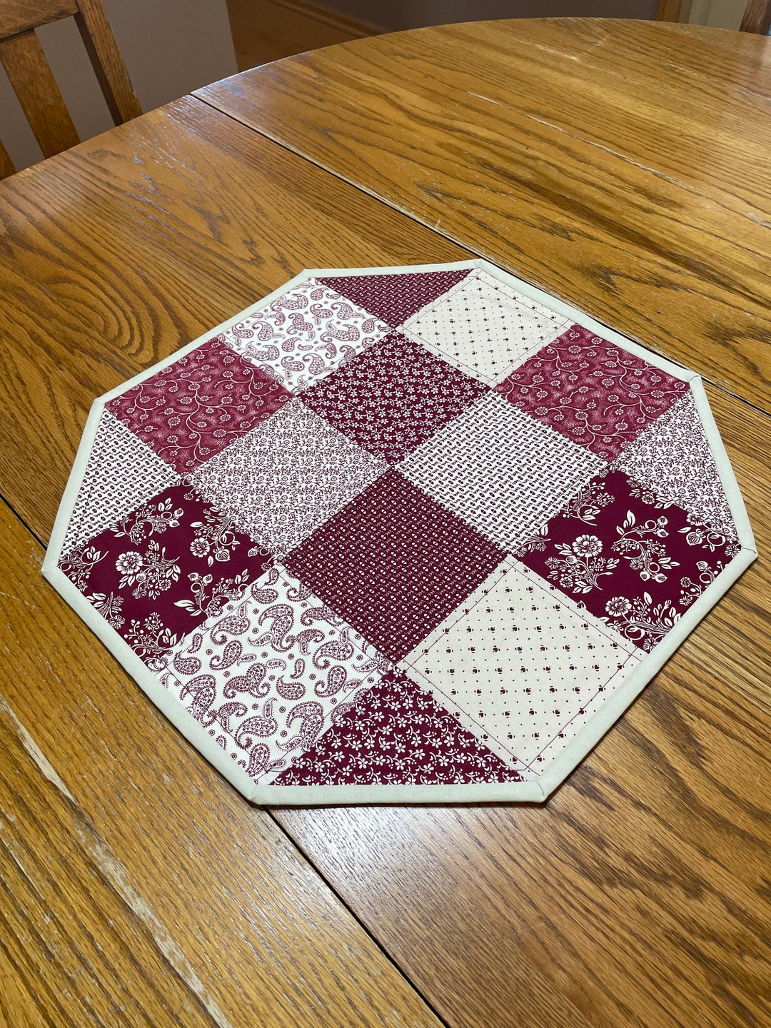 Burgundy and Tan Table Topper, Octagon Shaped Table Topper, Tan and ...