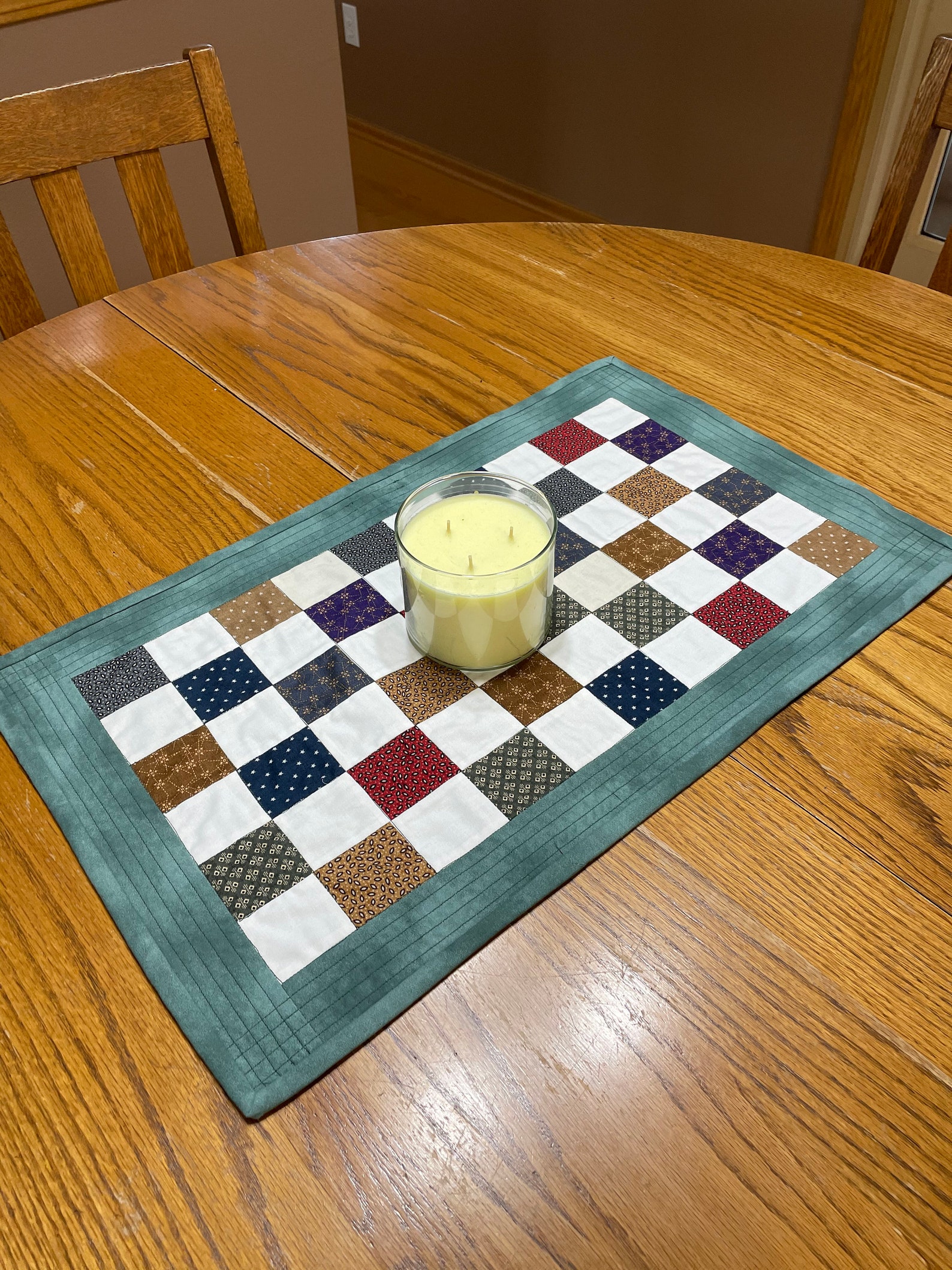 Patchwork Table Topper With Green Border, Mini Quilt, Mini Wall Hanging ...