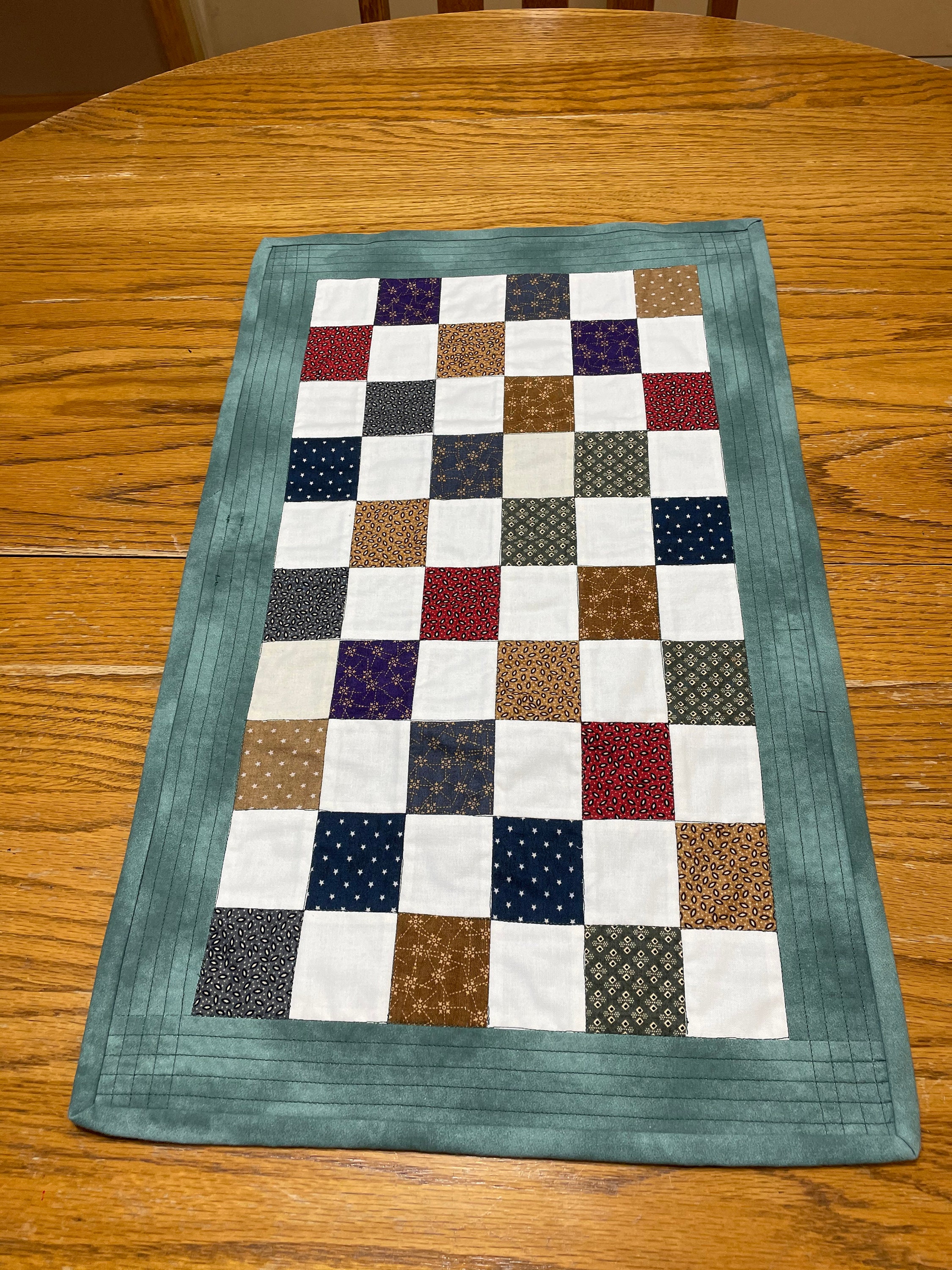 Patchwork Table Topper With Green Border, Mini Quilt, Mini Wall Hanging ...