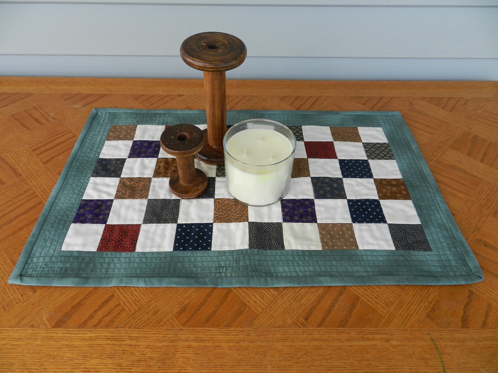 Patchwork Table Topper With Green Border, Mini Quilt, Mini Wall Hanging ...