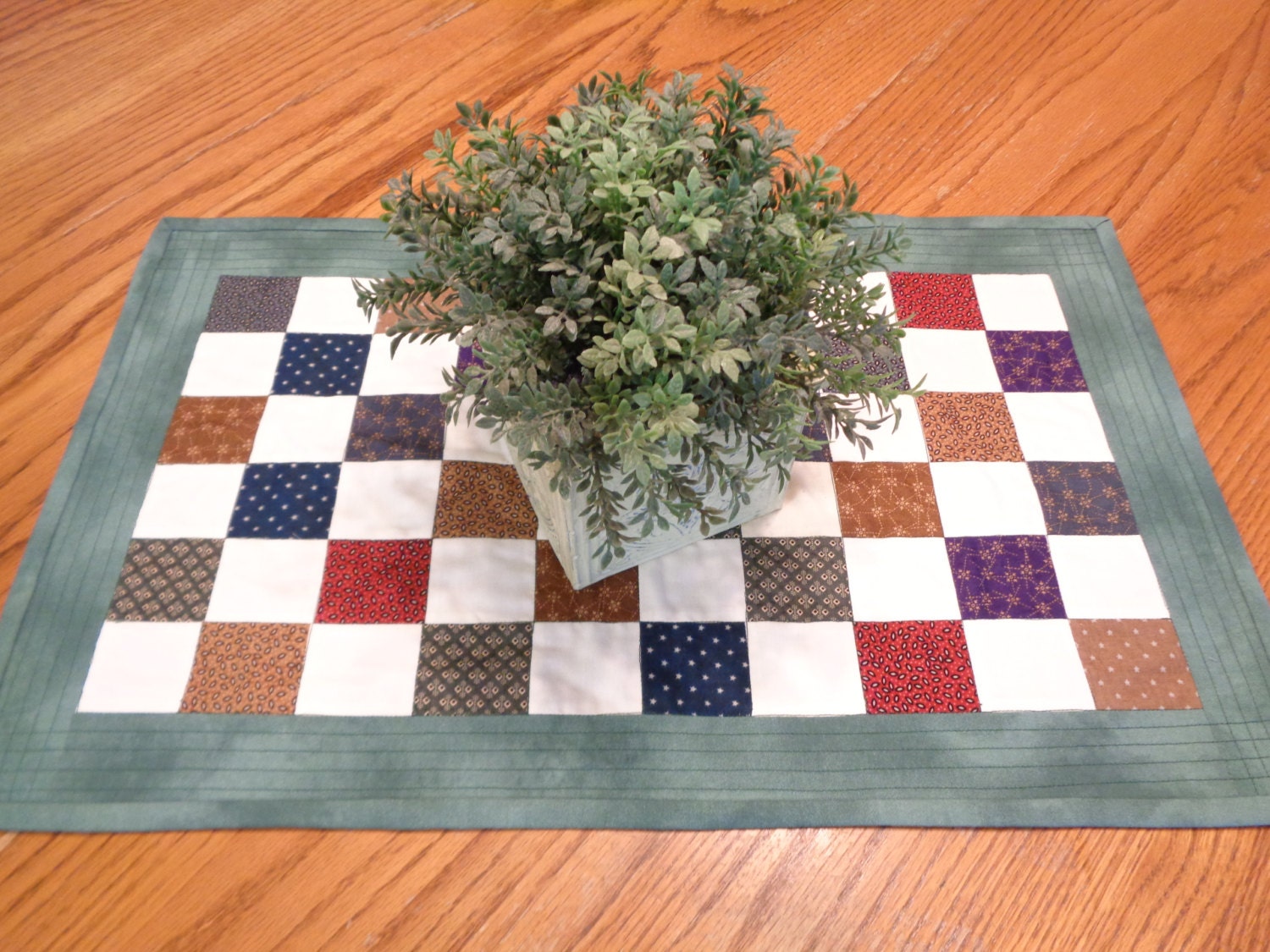Patchwork Table Topper With Green Border, Mini Quilt, Mini Wall Hanging ...