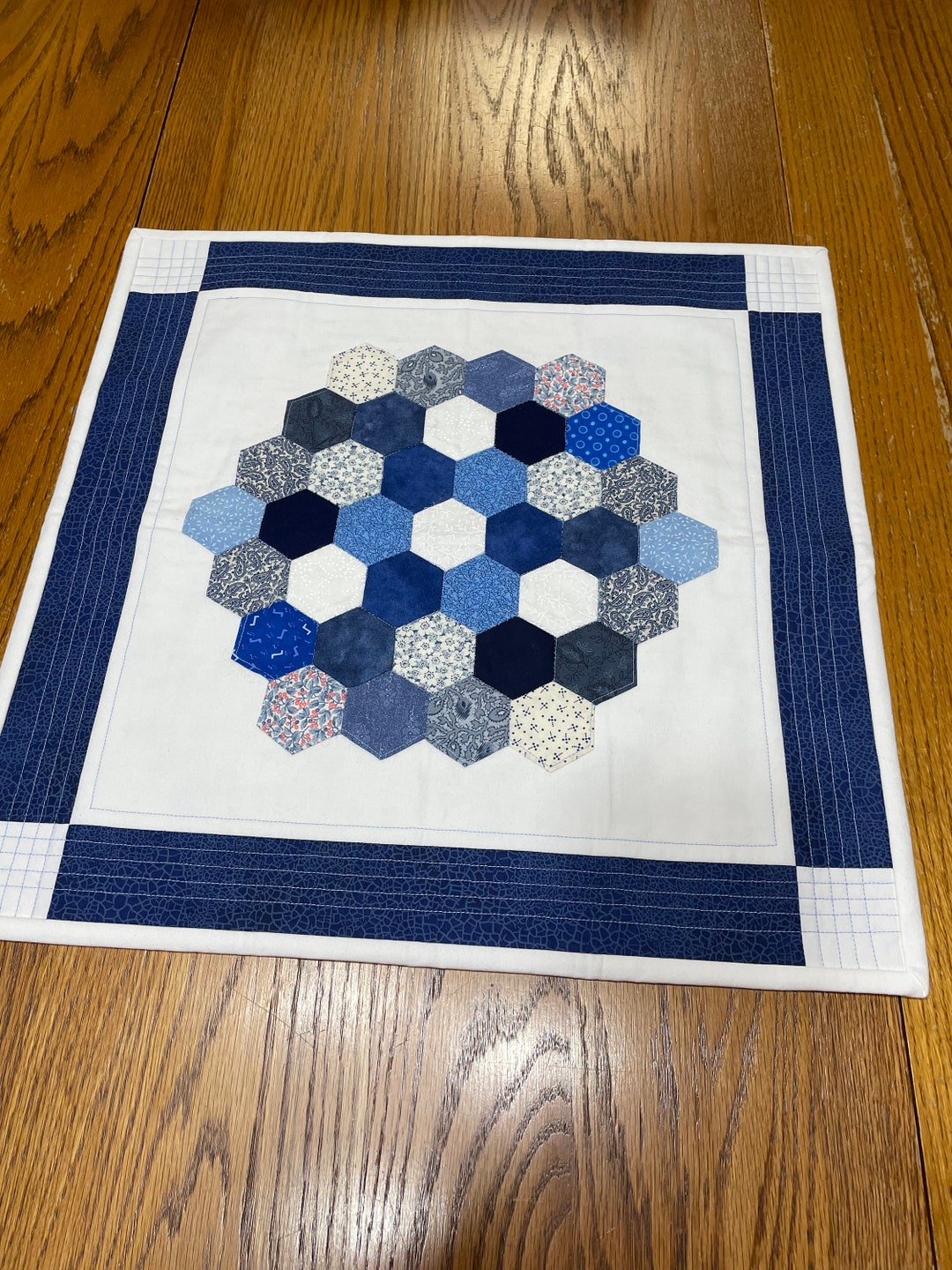 Blue Table Topper, Blue Hexie Table Topper, Large Blue Candle Mat ...