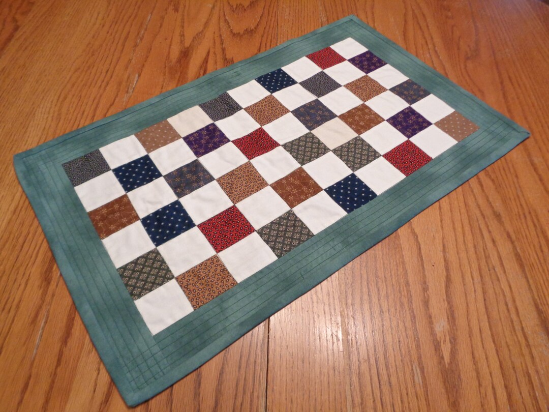 Patchwork Table Topper With Green Border, Mini Quilt, Mini Wall Hanging ...