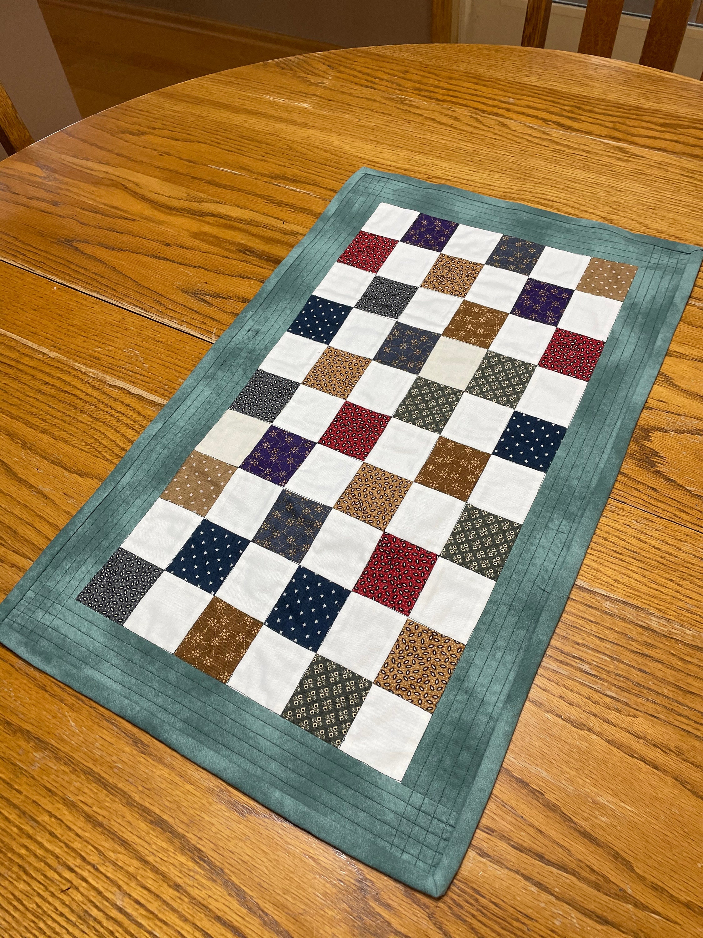 Patchwork Table Topper With Green Border, Mini Quilt, Mini Wall Hanging ...