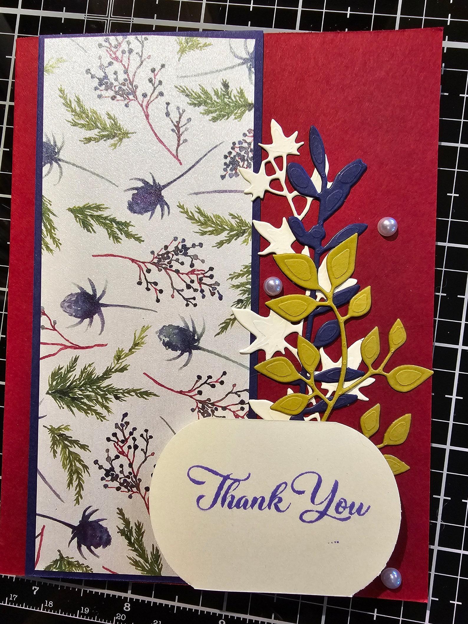 Fancy Thank You Card With Layered Leaves. Red Background and Floral ...
