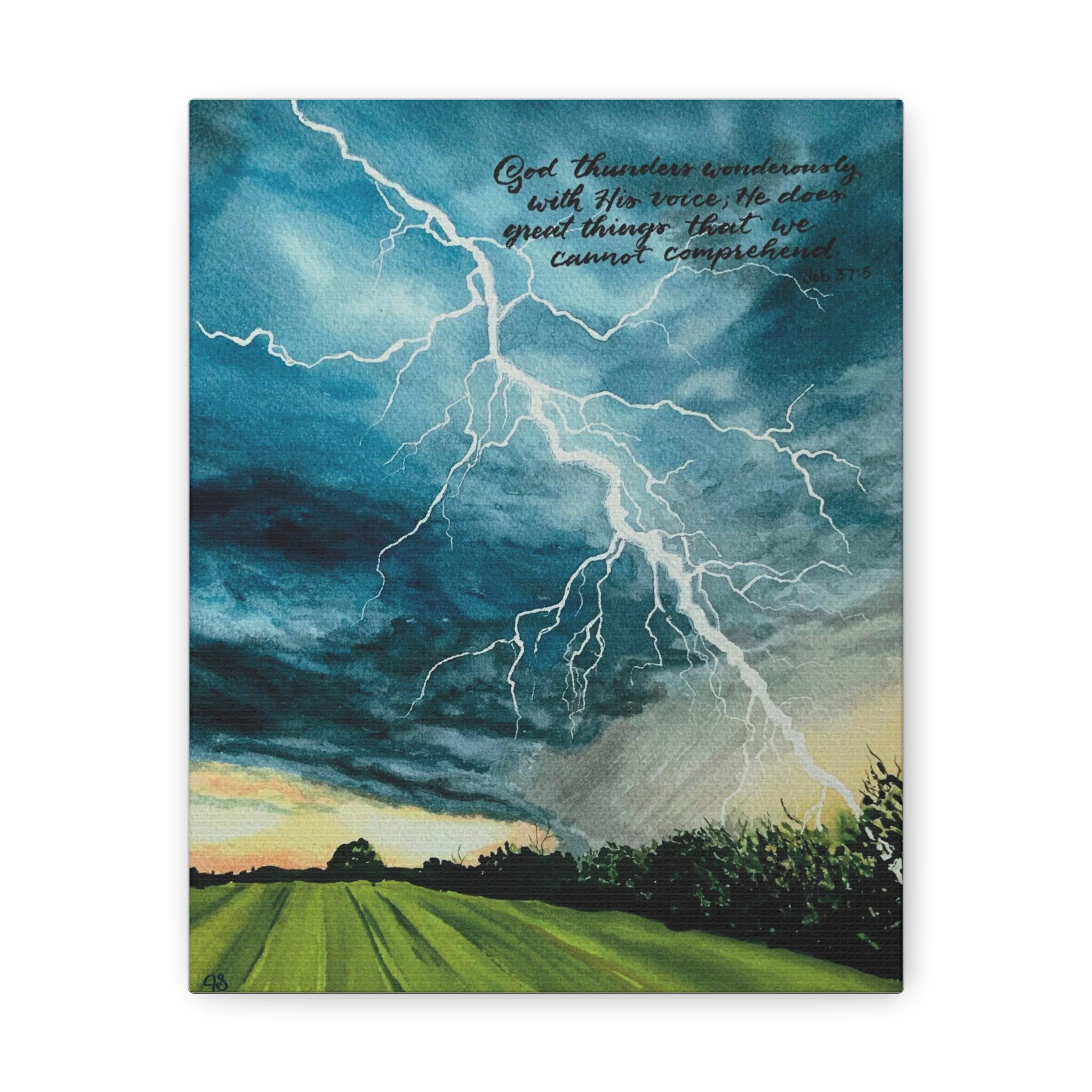 Job 37:5 Lightning Storm Bible Verse Watercolor Print on Canvas Gallery ...
