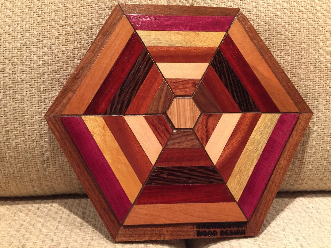 Hexagon Shaped Wood Wall Art Sculpture Featuring a Variety of Exotic ...