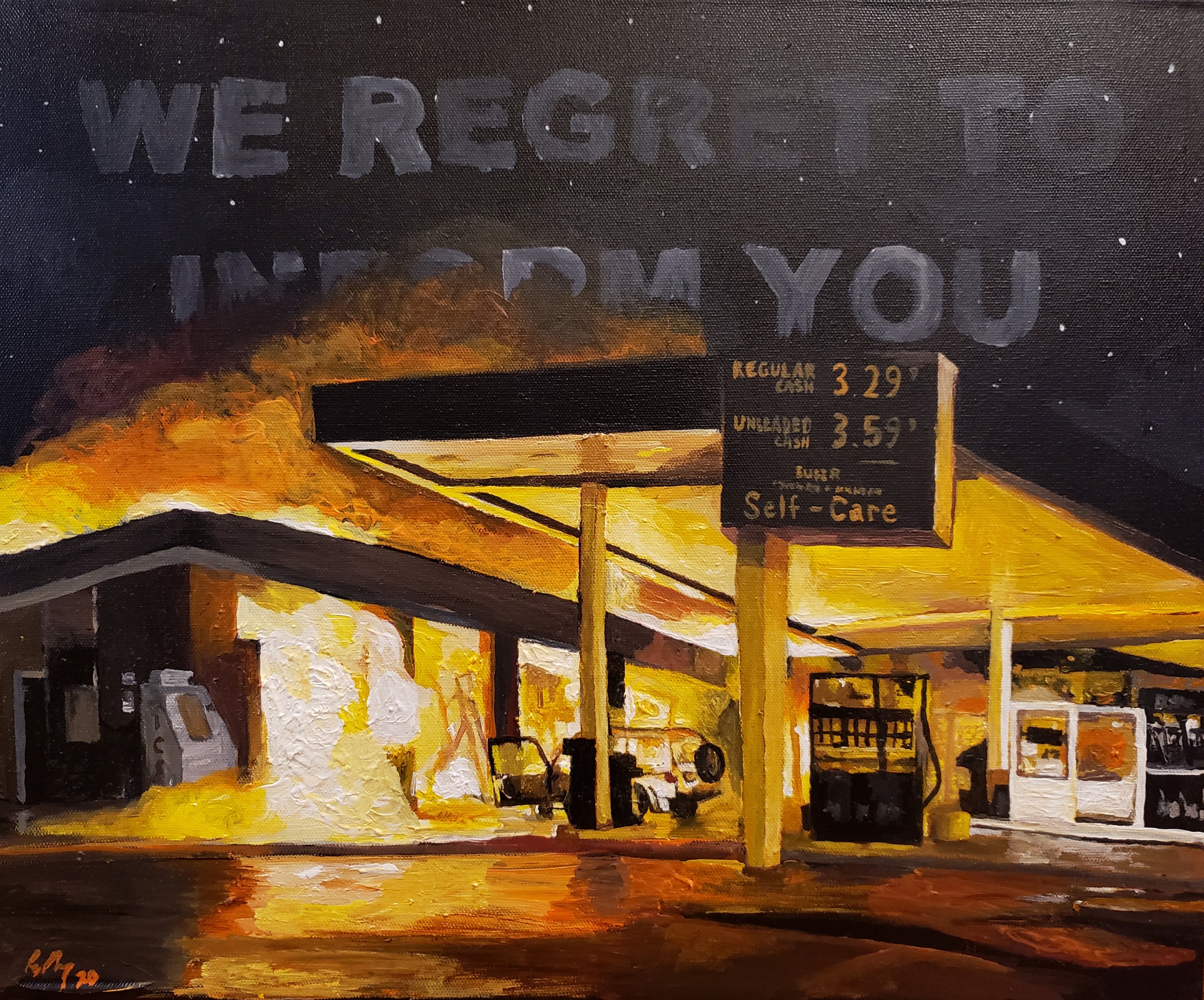 11 X 14 Digital Fine Art Print of Acrylic Painting, Gas Station on Fire ...