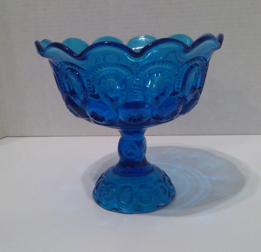 Vintage L.E. Smith Glass Compote, Colonial Blue Moon and Stars Pattern ...