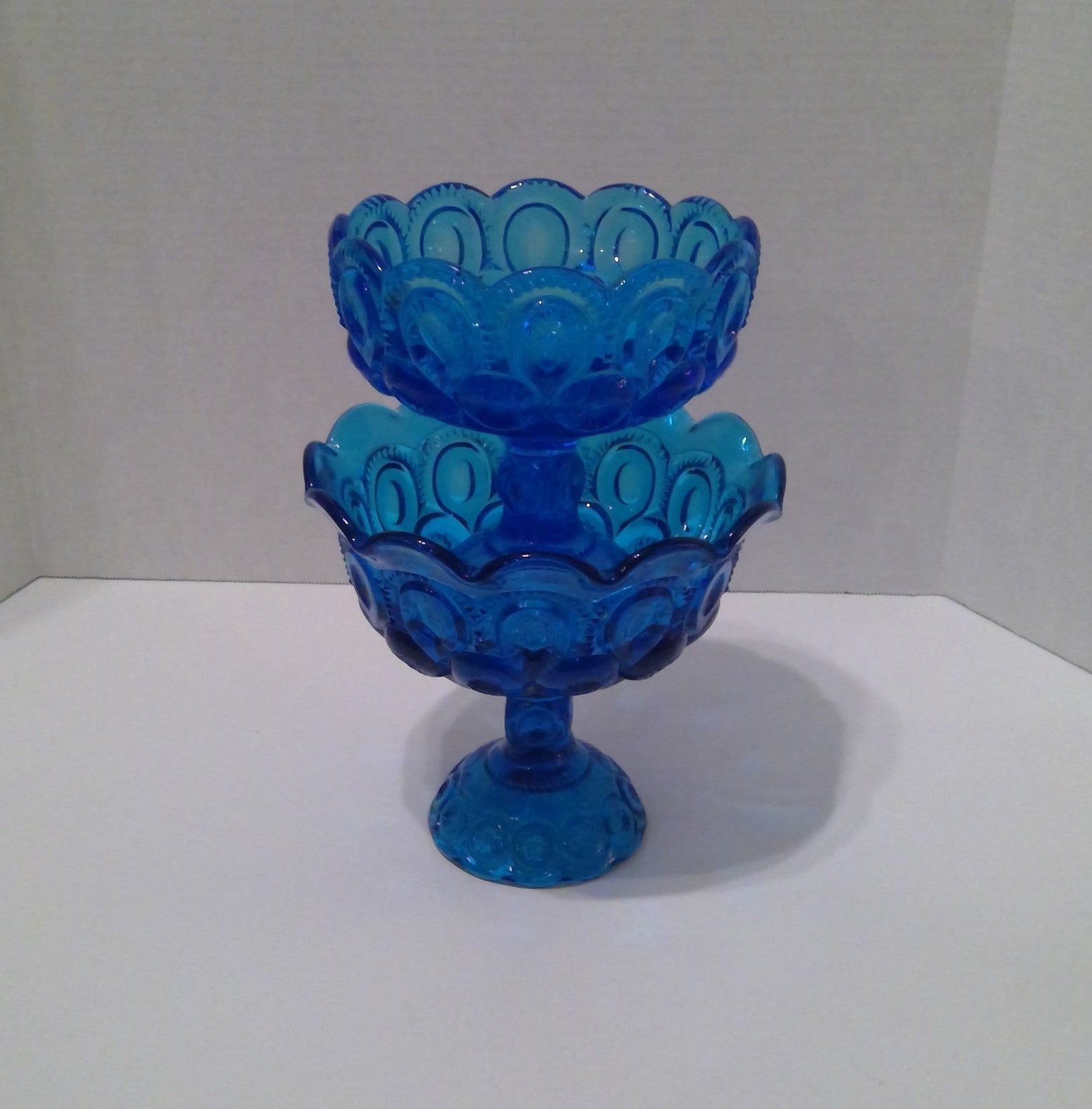 Vintage L.E. Smith Glass Compote Colonial Blue Moon and Stars - Etsy