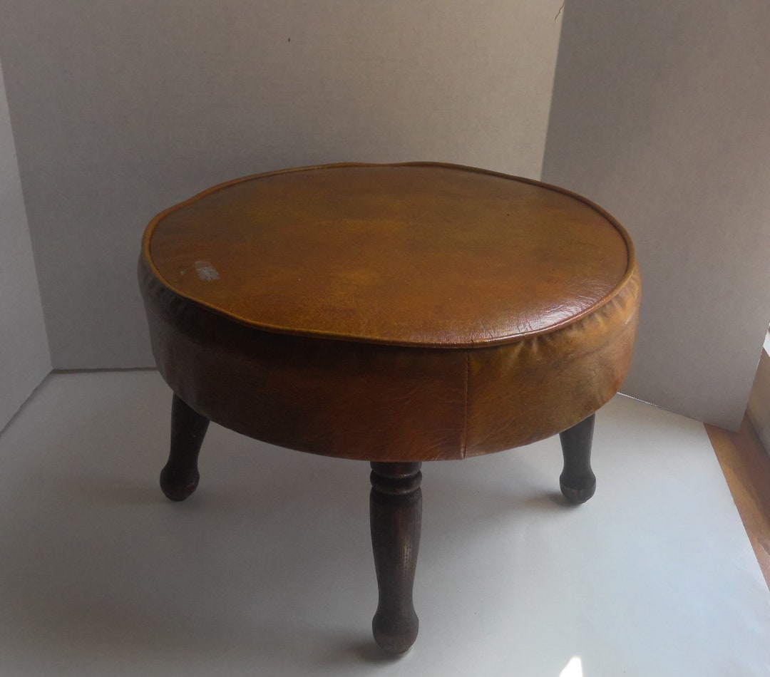 Vintage Vinyl Footstool Gold Colored With Wood Legs Ottoman - Etsy